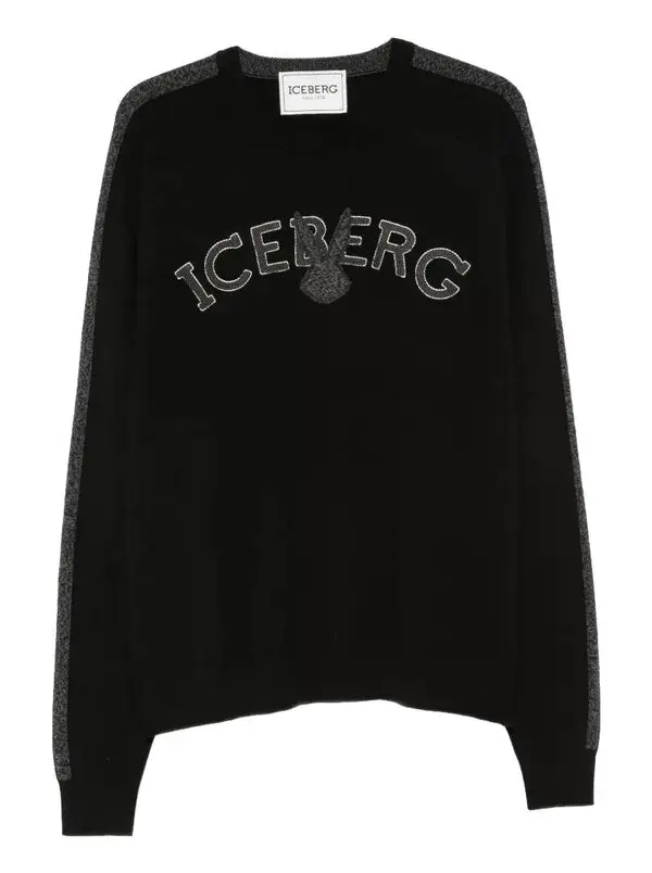Iceberg Logo-embroidered Side-stripe Crew Neck Sweater - Black
