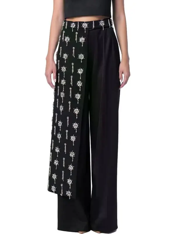 M.MARQUISE Wool Crystal Embellished Draped Wide-leg Trousers - Black