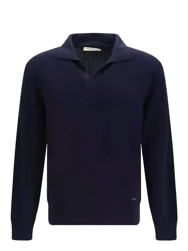 BROOKSFIELD V-neck Sweater With Herringbone Knit And Spread Collar - Blue
