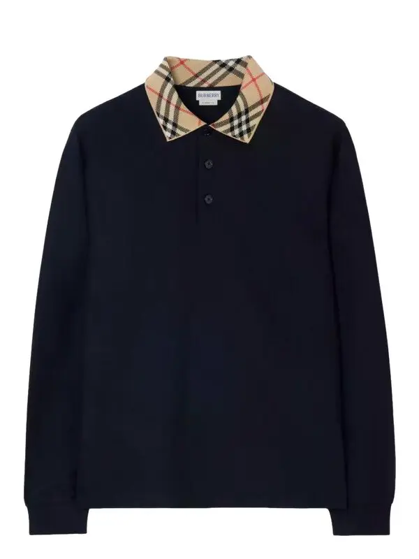 Burberry Long-sleeve Check Collar Cotton Polo Shirt - Blue