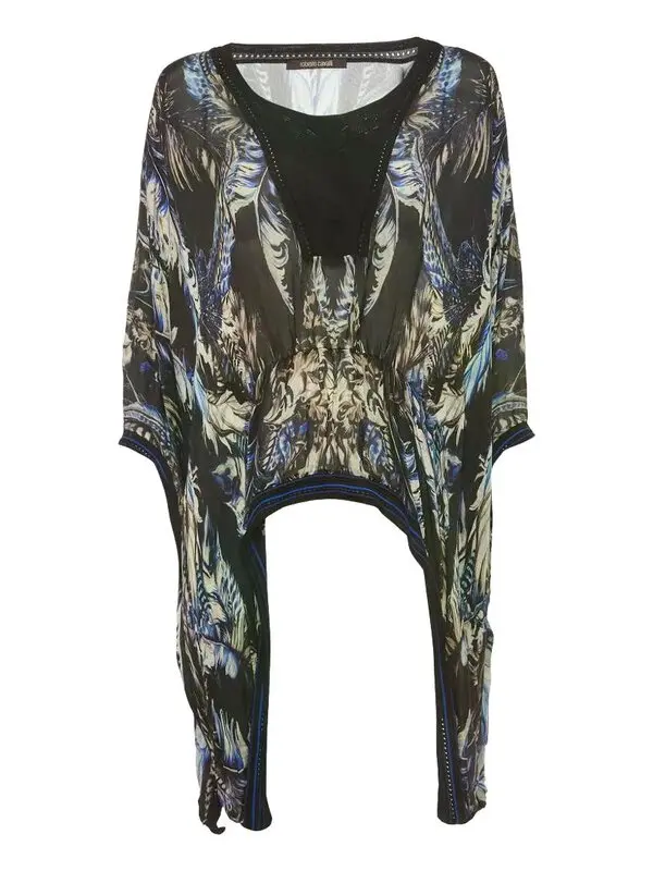 Roberto Cavalli Kaftan Blouse With Feather Print - Black