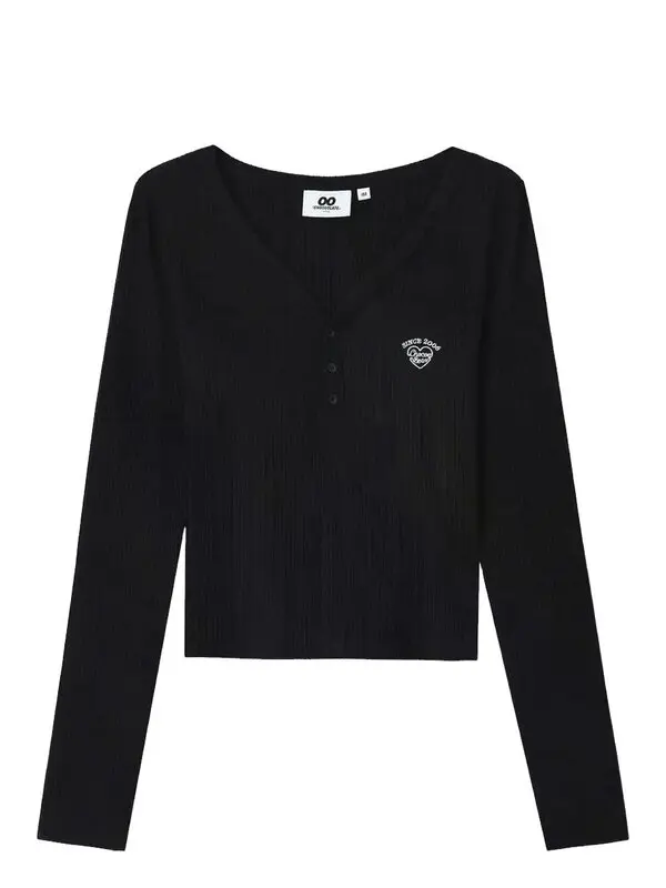 CHOCOOLATE Ribbed Knit Long Sleeve Top With Embroidered Heart - Black
