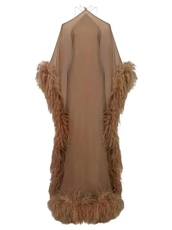 TALLER MARMO Sza Sza Spirito Feather-trim Maxi Kaftan Dress - Brown