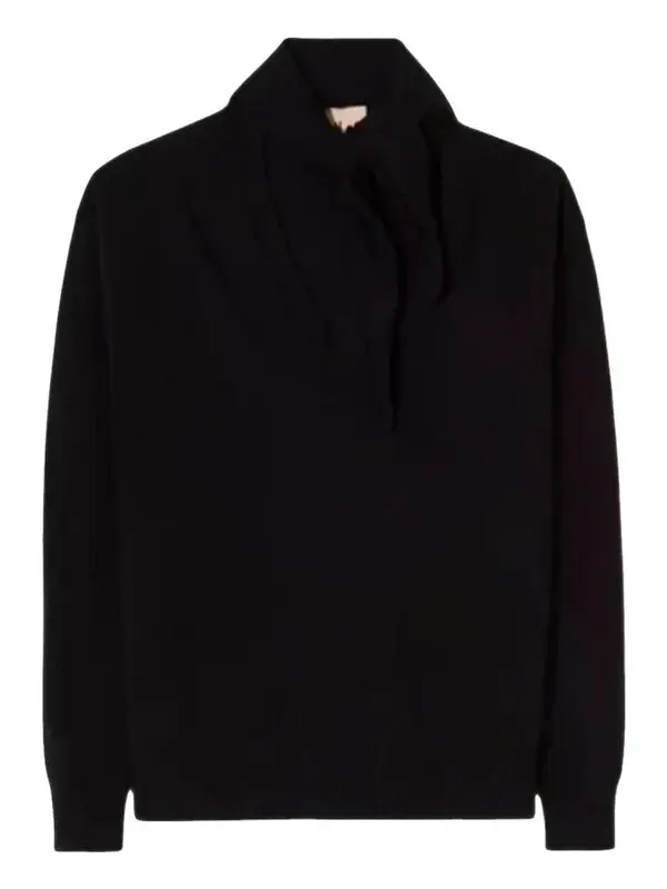 Plan C Shawl V-neck Sweater With Pussy-bow Collar - Black