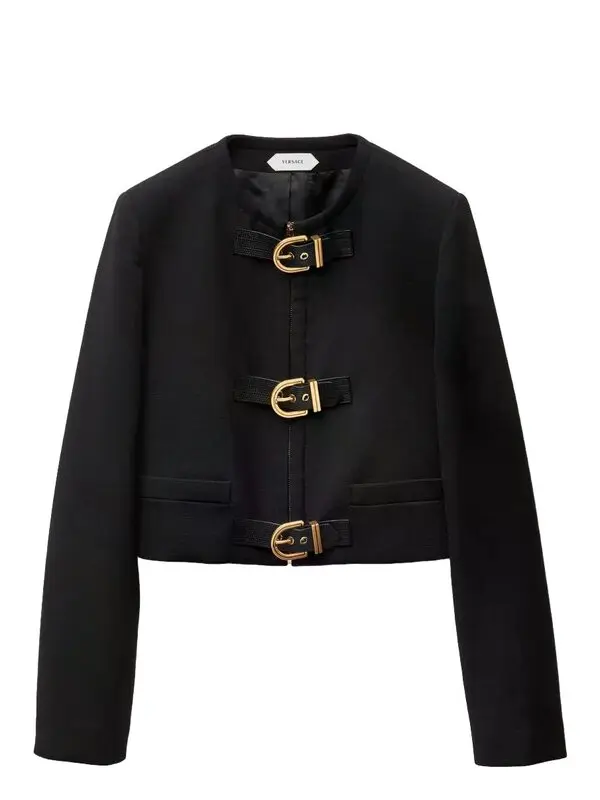 Versace Natté Wool Crop Jacket With Metal Buckles - Black