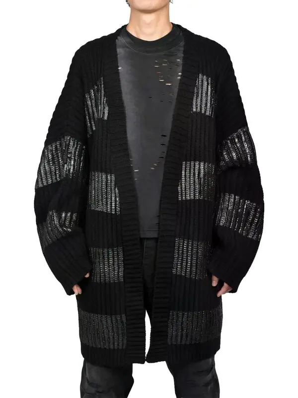 FILTH Waxed Stripe Ribbed Knit Cardigan - Black