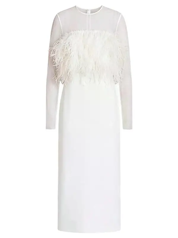 Alberta Ferretti Feather-detail Sheer-panel Midi Dress - White