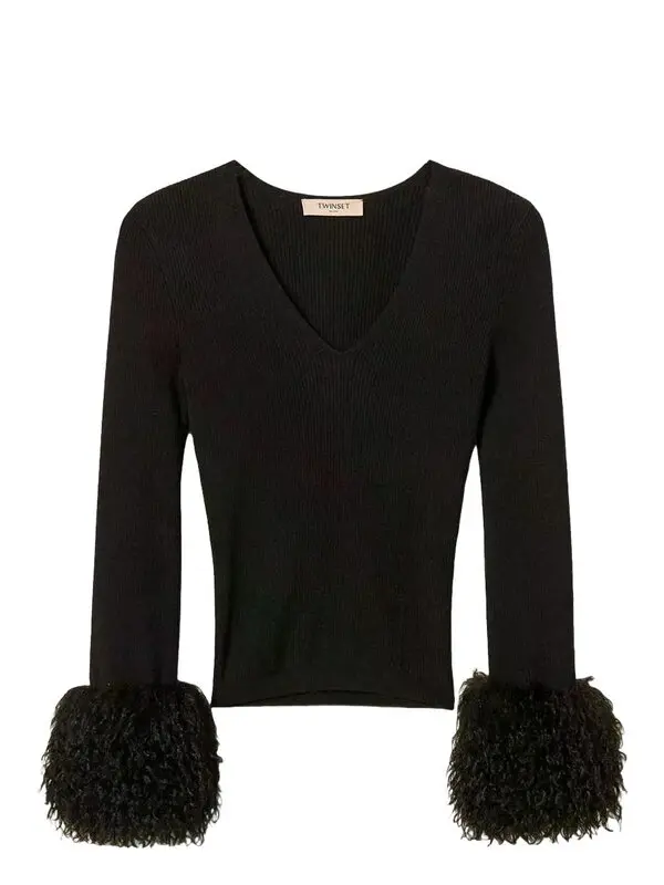 TWINSET Rib Knit Jumper With Faux Fur Cuffs - Black