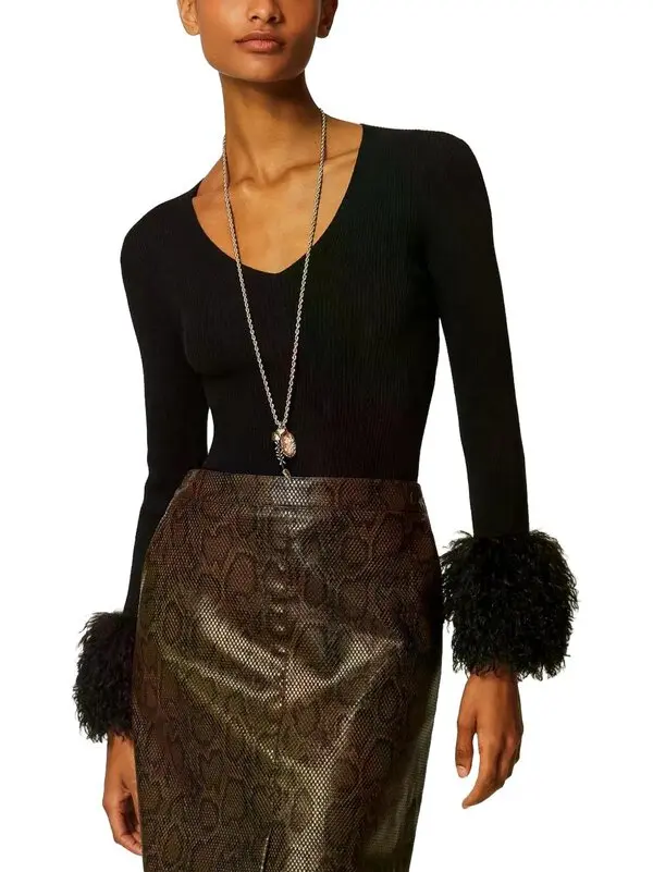 TWINSET Rib Knit Jumper With Faux Fur Cuffs - Black