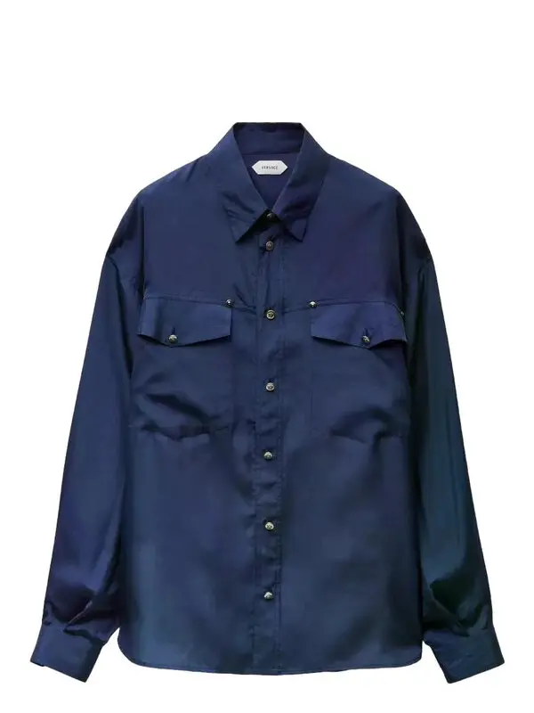 Versace Eembroidered-detail Silk-poplin Shirt - Blue