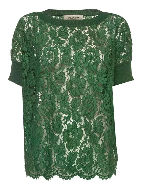 Valentino Garavani Floral Lace Boat Neck Top - Green