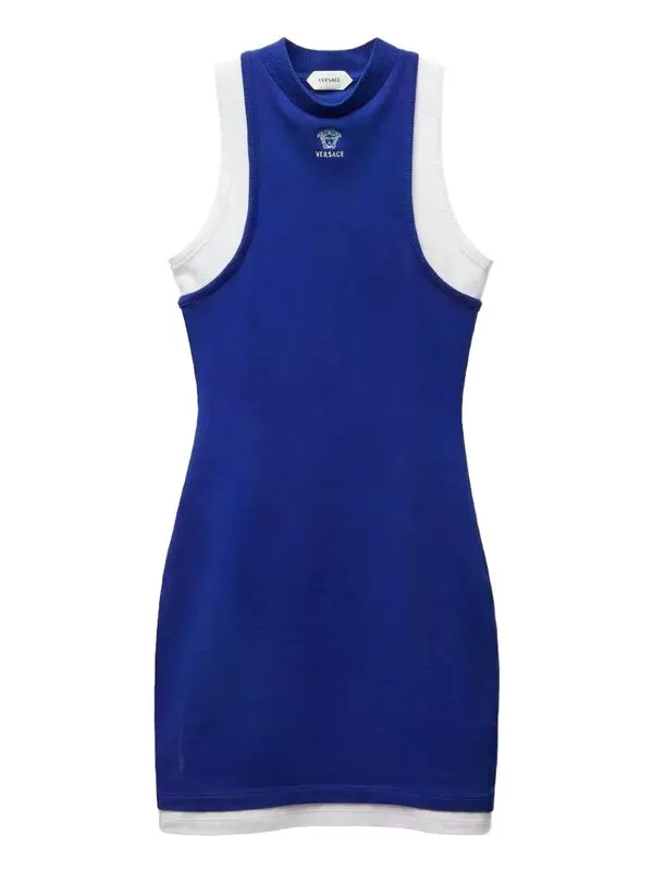 Versace Embroidered-logo Stretch Cotton-jersey Mini Dress - Blue