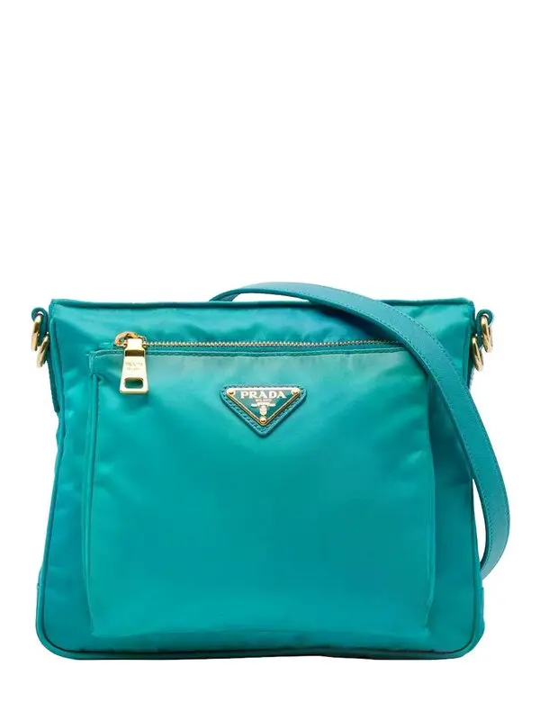 Prada Saffiano Trimmed Tessuto Zip Top Crossbody Bag - Blue
