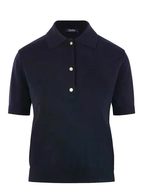 Max Mara Ribbed Knit Polo Shirt With Gold-tone Logo Buttons - Blue
