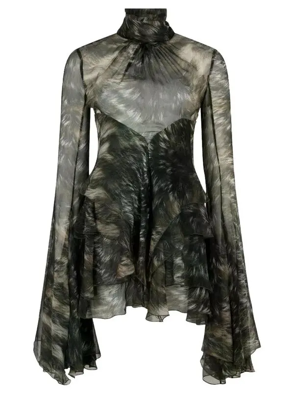 Roberto Cavalli Fur-print Ruffled Mini Dress - Grey
