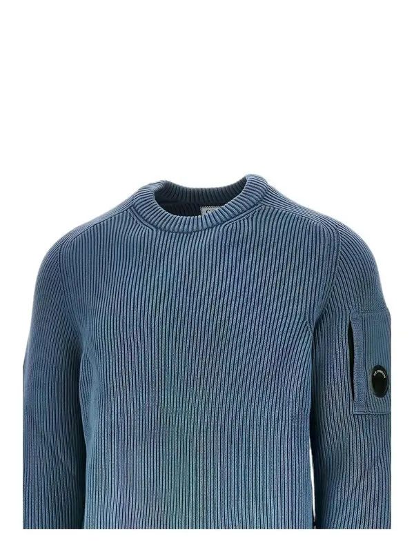 C.P. COMPANY Full Rib Cotton Crewneck Sweater With Lens Detail - Blue
