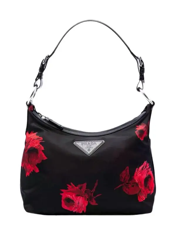 Prada Tissuto Rose Printed Shoulder Bag - Black