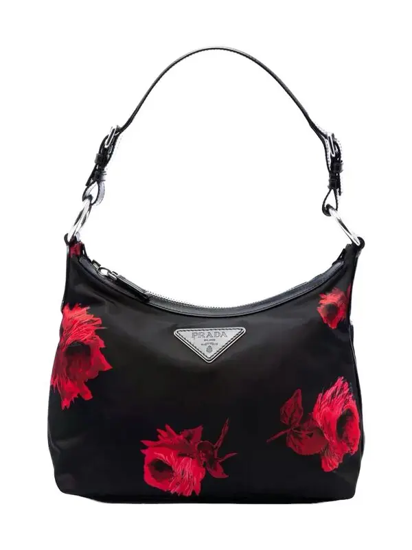 Prada Tissuto Rose Printed Shoulder Bag - Black