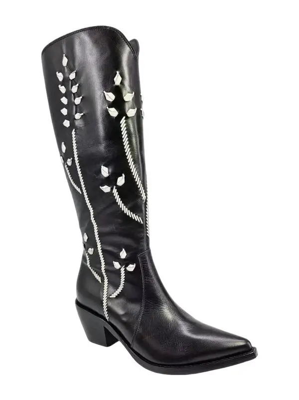 MADISON MAISON Tall Floral-embroidered Leather Boots - Black