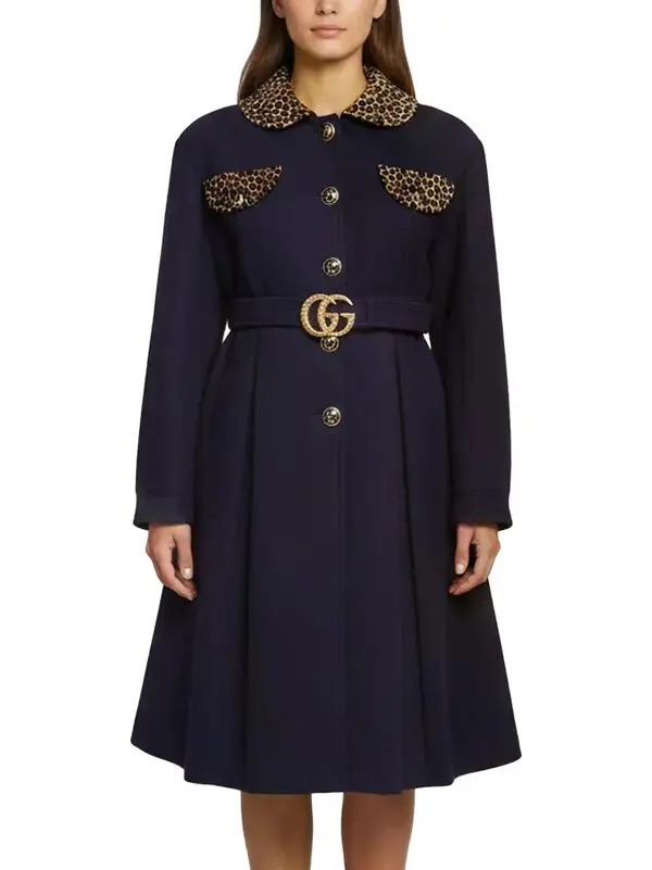 Gucci Leopard-print Trim Belted Wool Coat - Blue