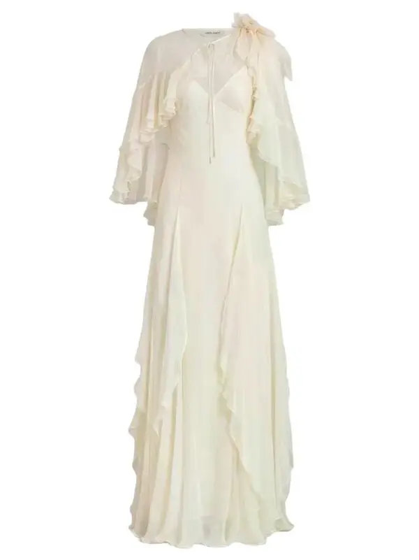 Alberta Ferretti Ruffled Silk Cape Maxi Dress - White