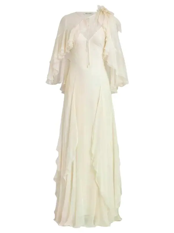 Alberta Ferretti Ruffled Silk Cape Maxi Dress - White