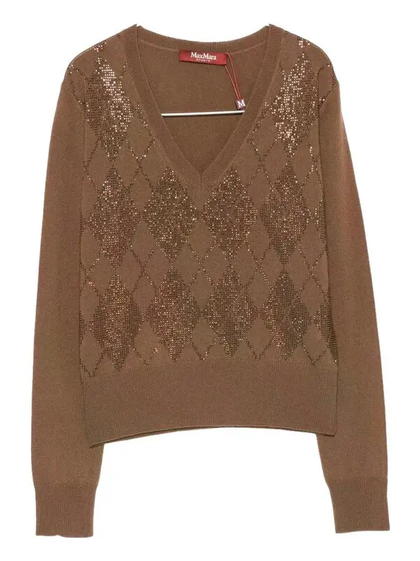 Max Mara Argyle Pattern Embellished V-neck Sweater - Brown