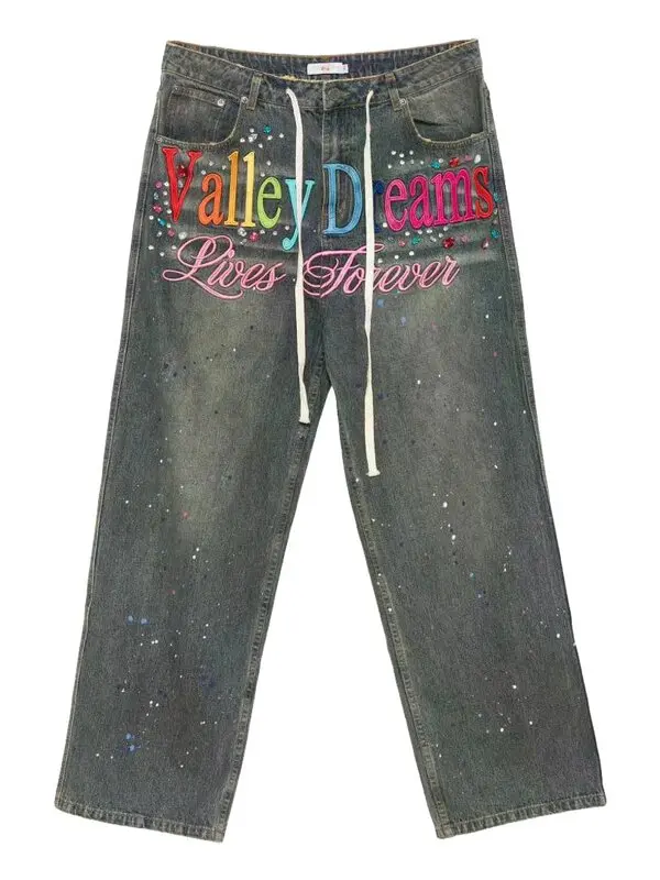VALE FOREVER Crystal Embellished Embroidered Jeans - Blue