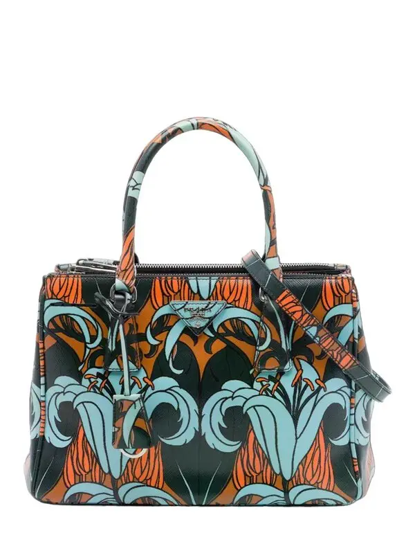 Prada Saffiano Leather Lily Print Double Zip Satchel - Black