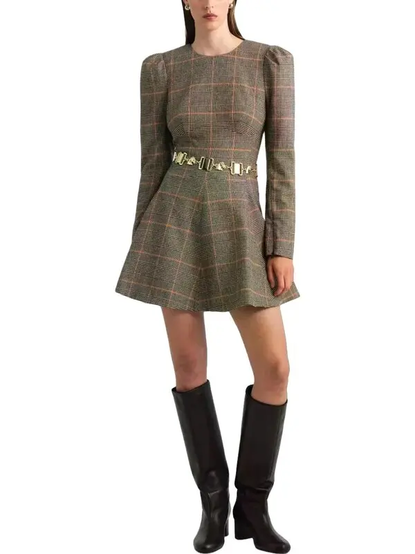 Cara Cara Rizzo Plaid Mini Dress With Puff Shoulders - Brown