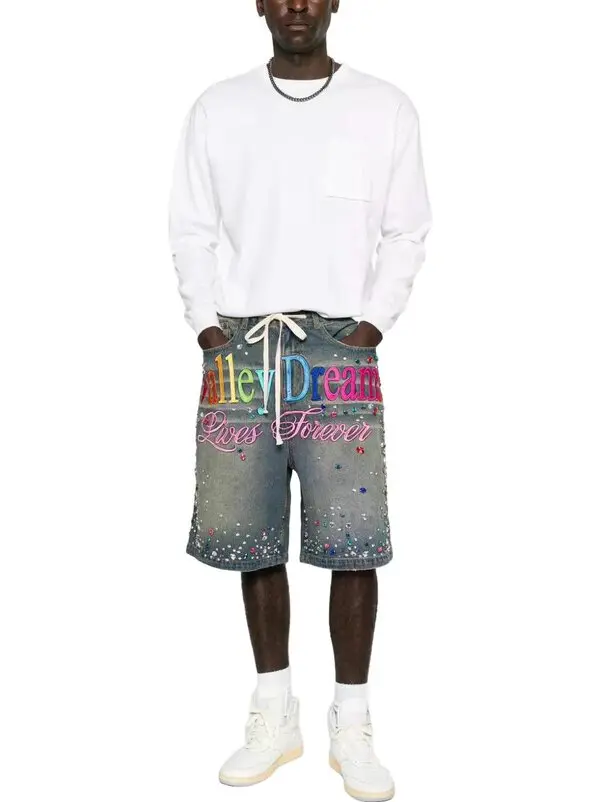 VALE FOREVER Crystal Embellished Embroidered Denim Shorts - Blue