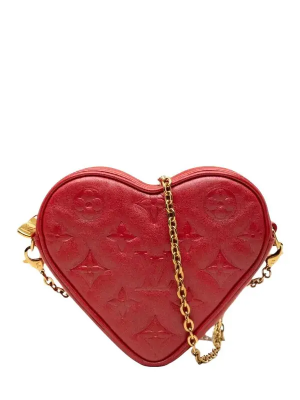 LOUIS VUITTON Monogram Embossed Lambskin Heart On Chain Crossbody Bag - Red