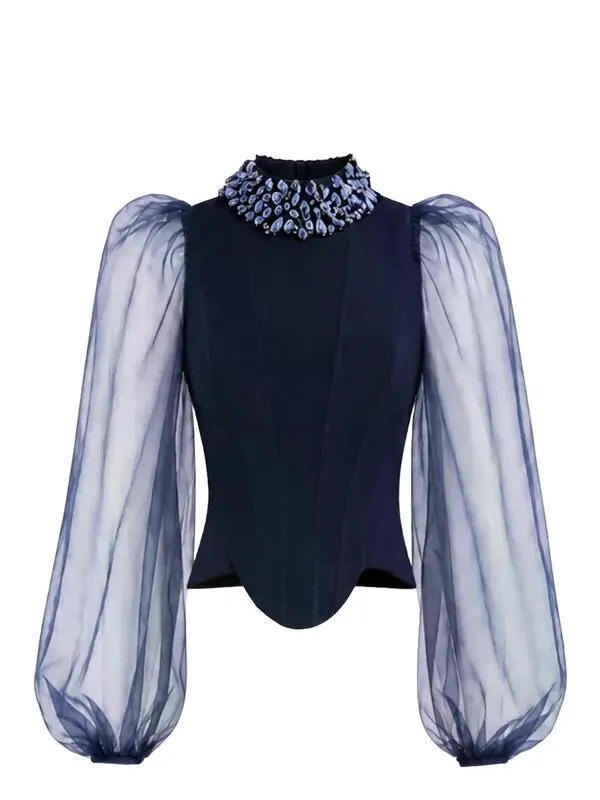 GEMY MAALOUF Embellished High-neck Sheer Puff Sleeve Top - Blue