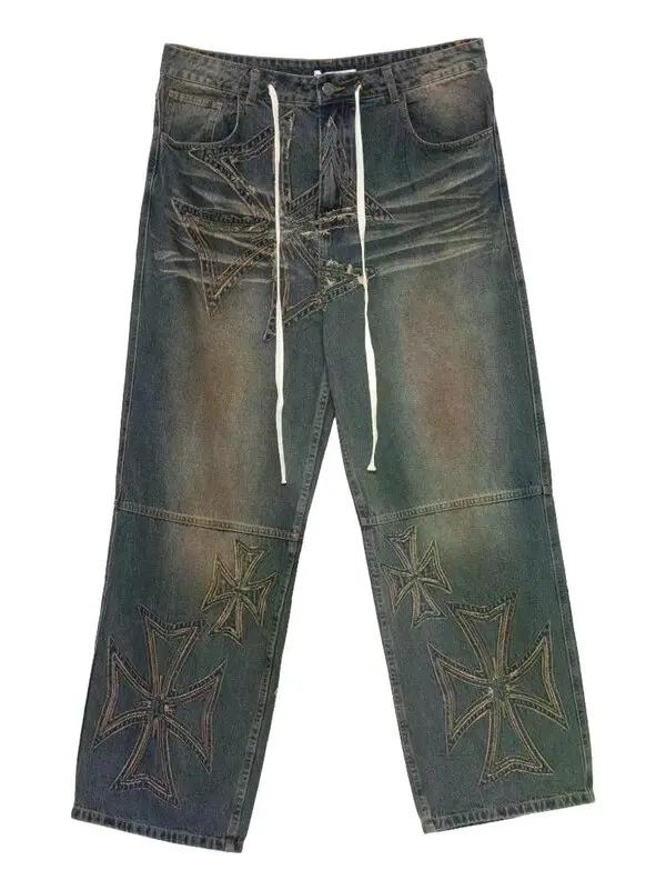 VALE FOREVER Cross-patch Drawstring Jeans - Blue