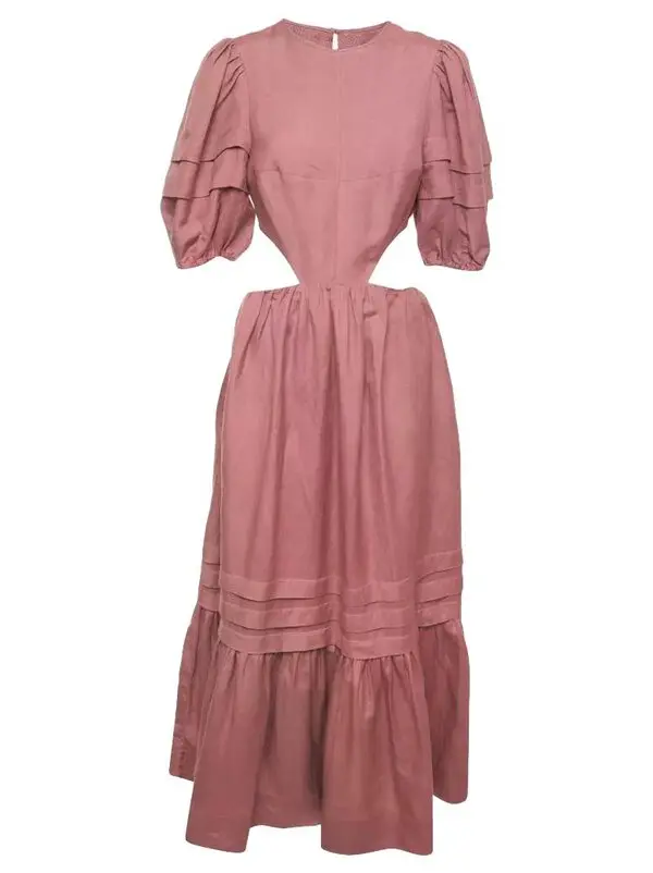 Shona Joy Vega Cut-out Midi Dress With Tiered Puff Sleeves - Pink