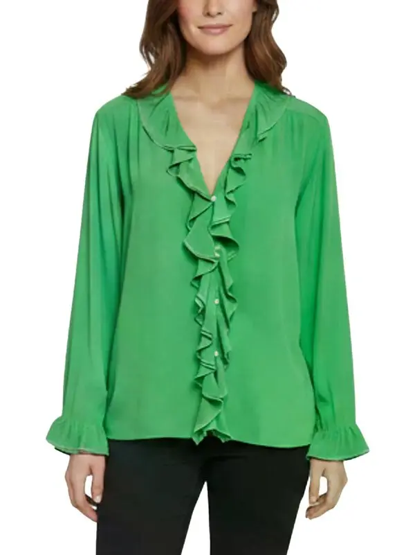 Victoria Beckham Crepe Ruffled Long Sleeve Blouse - Green