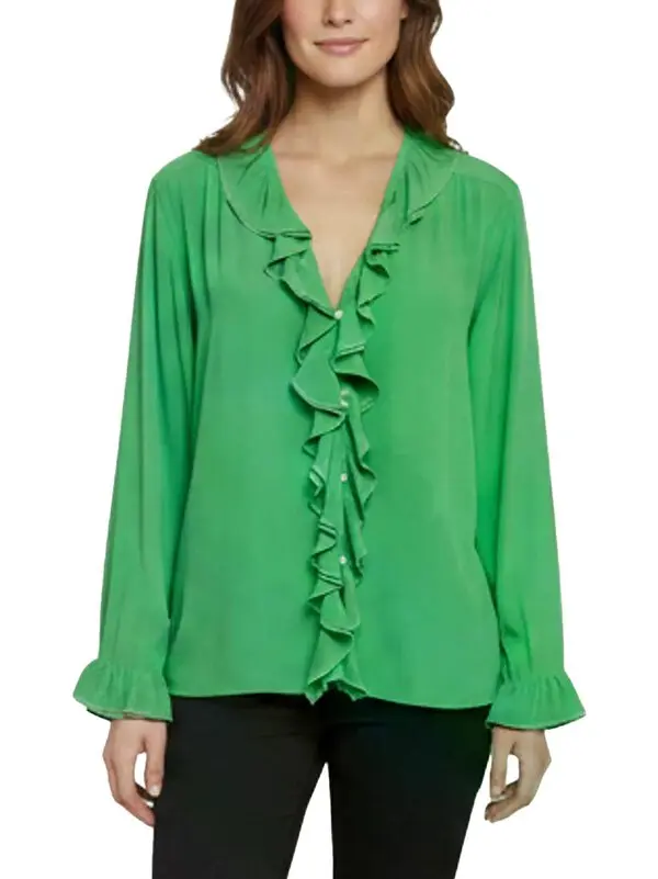 Victoria Beckham Crepe Ruffled Long Sleeve Blouse - Green