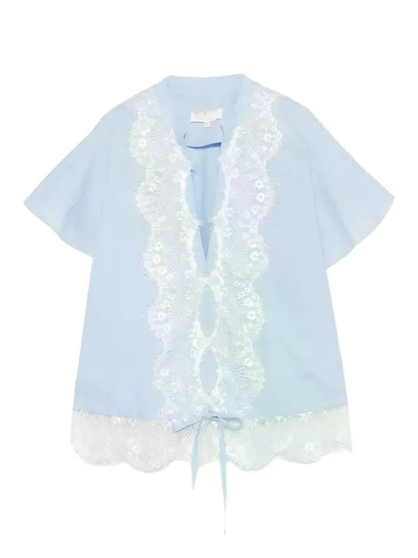 BABYLONE PARIS Lace Trim Flutter Sleeve Top - Blue