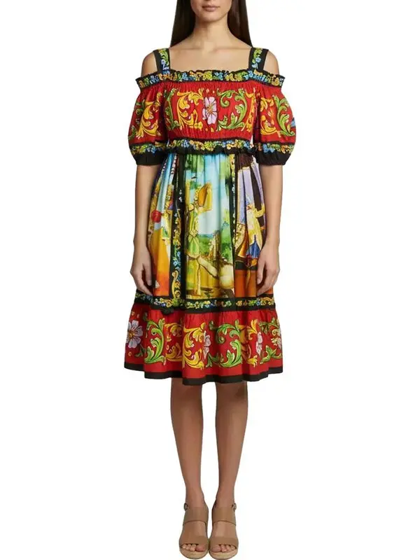 Dolce & Gabbana Carretto Siciliano Print Poplin Midi Dress - Red