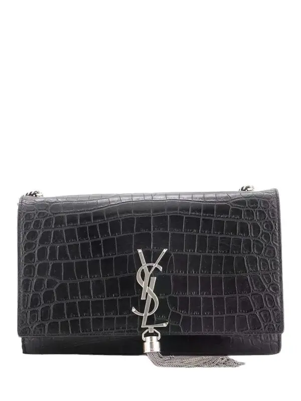 Saint Laurent Classic Monogram Tassel Crocodile Embossed Leather Medium Crossbody Bag - Black