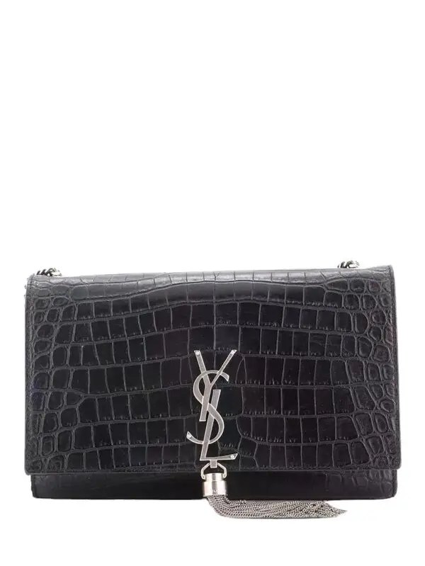 Saint Laurent Classic Monogram Tassel Crocodile Embossed Leather Medium Crossbody Bag - Black