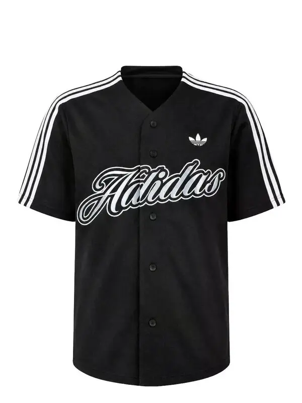 Adidas Logo Embroidered Striped V-neck Short Sleeve Shirt - Black
