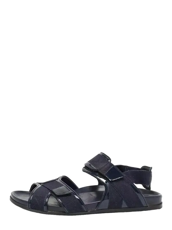 Manolo Blahnik Navy Patent Trimmed Canvas Sandals - Blue