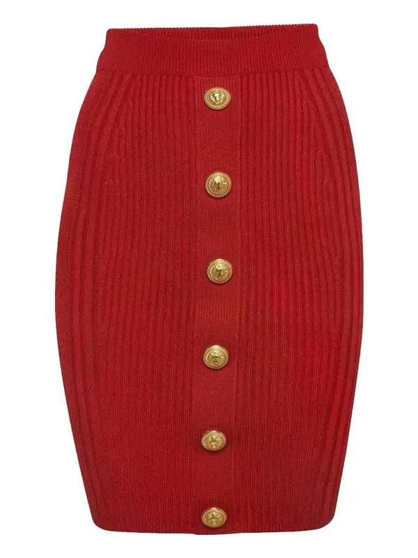 Balmain Rib-knit Pencil Mini Skirt With Gold-tone Hardware - Red