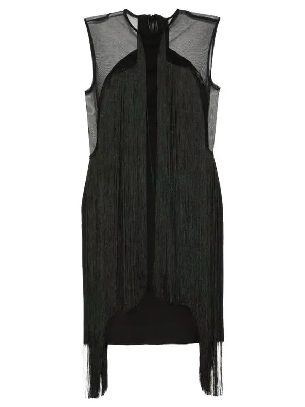ALESSANDRO LEGORA Sleeveless Mesh Panel Fringe Trim Mini Dress - Black