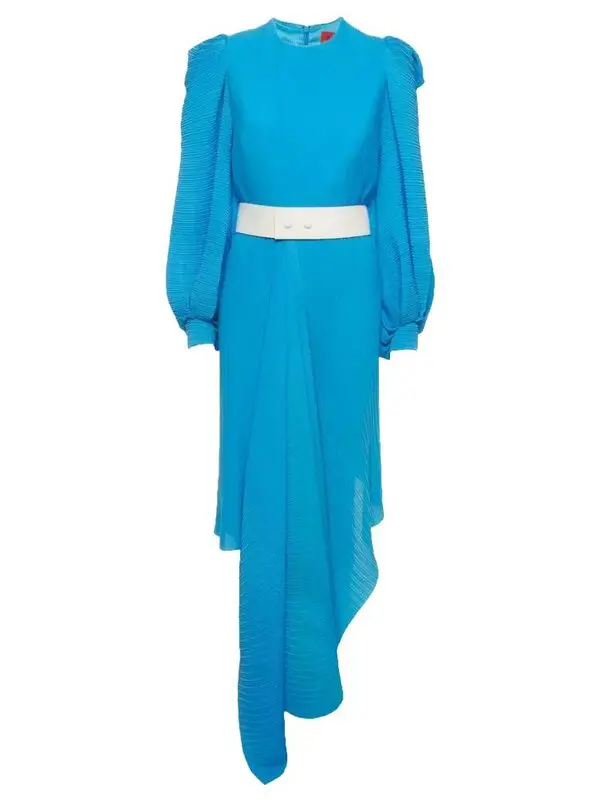 Solace London Belted Asymmetric Dress With Puff Sleeves - Blue