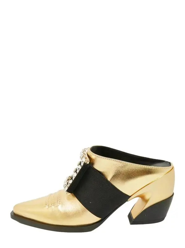 ROGER VIVIER Tone Crystal Embellished Pointed Toe Block Heel Mules - Gold