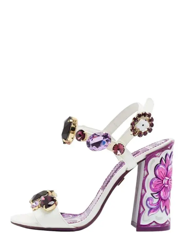 Dolce & Gabbana Patent Leather Majolica Print Crystal Embellished Sandals - White