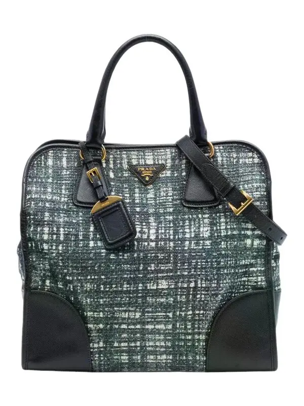Prada 2010-2026 Saffiano Trimmed Tweed Lux Shopping Tote Satchel - Black