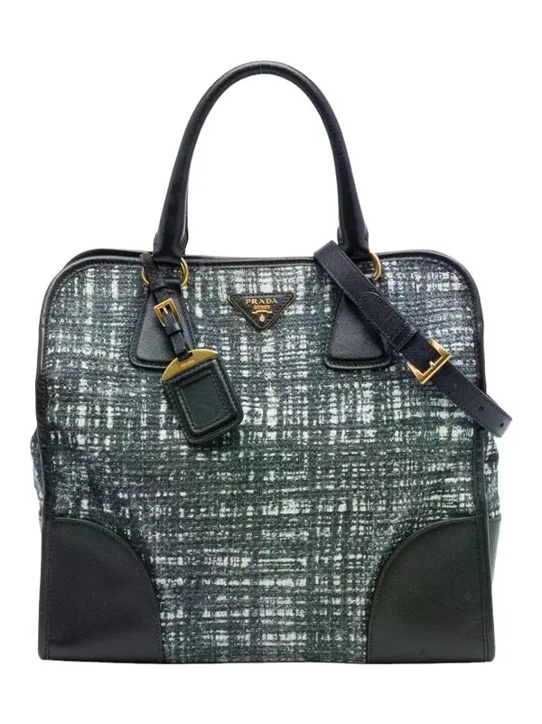 Prada 2010-2026 Saffiano Trimmed Tweed Lux Shopping Tote Satchel - Black
